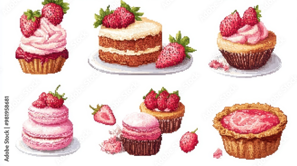 Vector illustration Cross stitch Sweet dessert set with strawberry cake ...