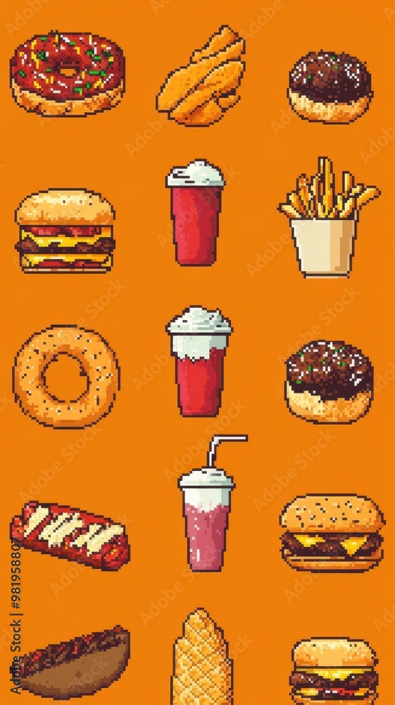 Pixel Art Fast Food Vector Set with Burger,pizza,Soda,Ice Cream,Hot Dog ...
