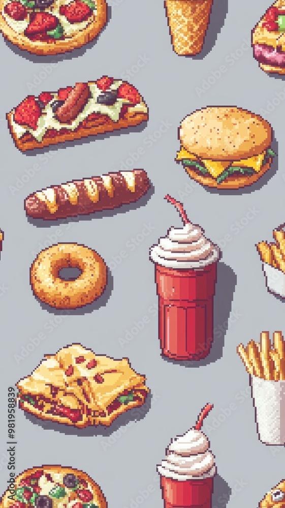 Pixel Art Fast Food Vector Set with Burger,pizza,Soda,Ice Cream,Hot Dog ...