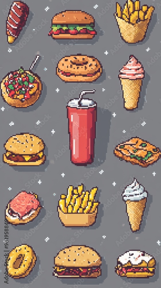 Ilustración de Stock Pixel Art Fast Food Vector Set with Burger,pizza ...