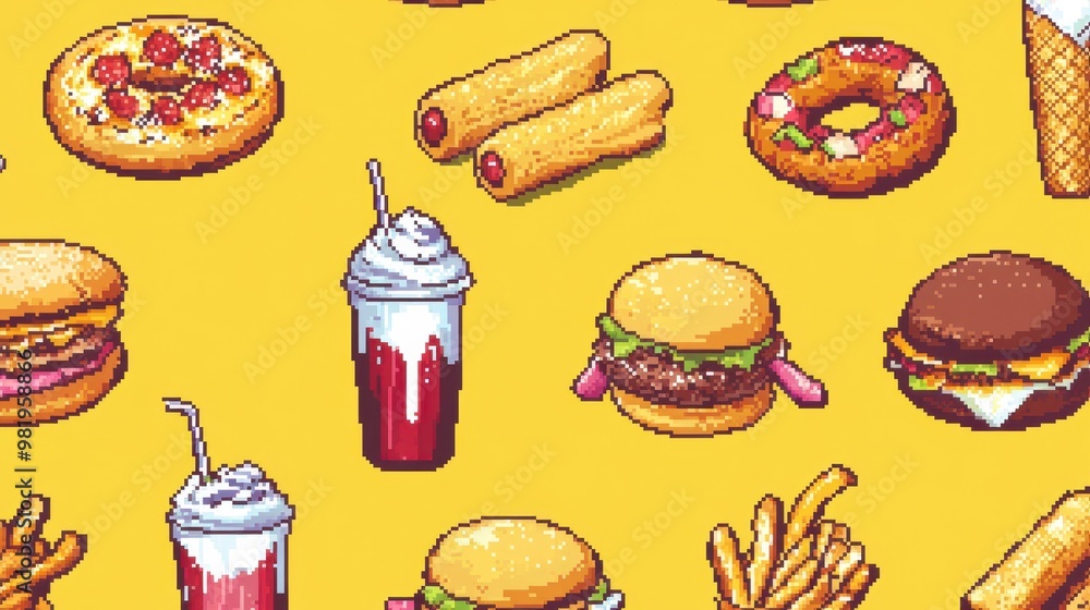 Pixel Art Fast Food Vector Set with Burger,pizza,Soda,Ice Cream,Hot Dog,8 bit Retro Style Food ...