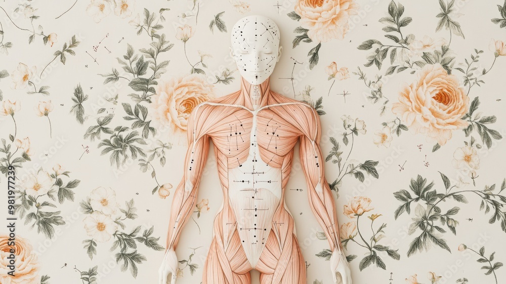 Anatomical model showcasing human muscles and nerve pathways against a ...