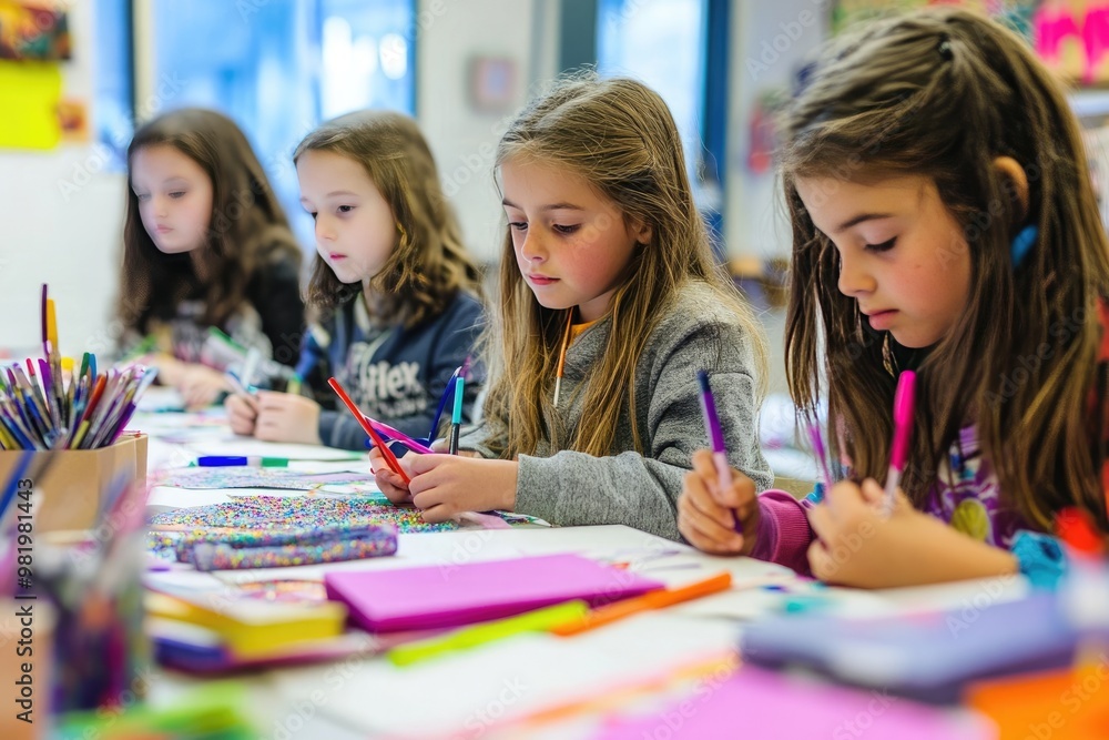 Lively Art Studio with Children Working on Crafts and Drawings, Spring ...