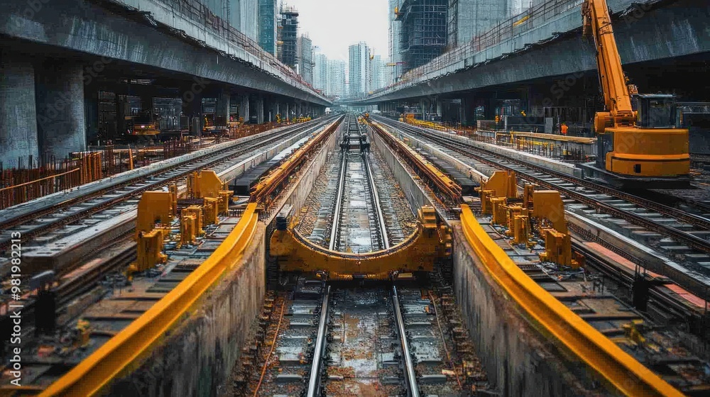 A high-speed railway construction project with robotic machinery ...