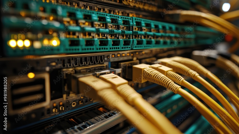Network cables connected to multiple ports on a rack-mounted switch ...