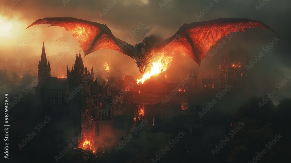 Ilustrace Massive fire-breathing dragons in a synchronized flight ...