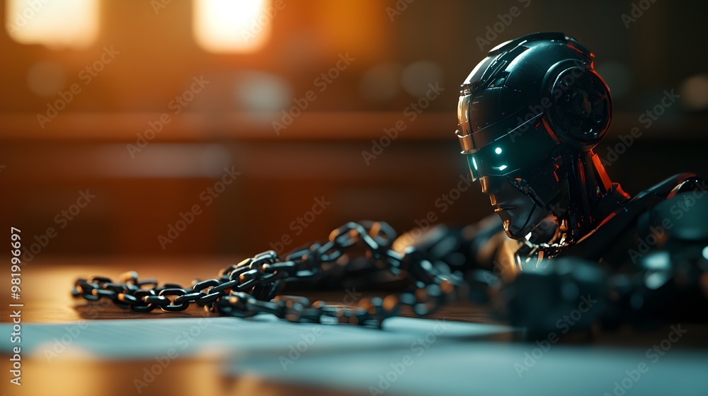 A courtroom scene featuring a humanoid robot shackled by chains formed ...