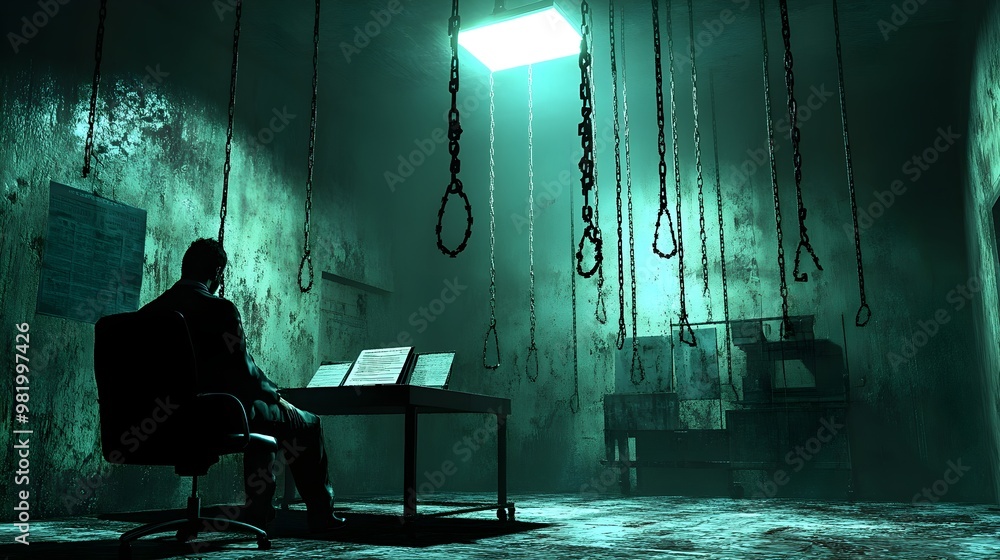 Gritty prison interrogation room with hanging chains, flickering ...