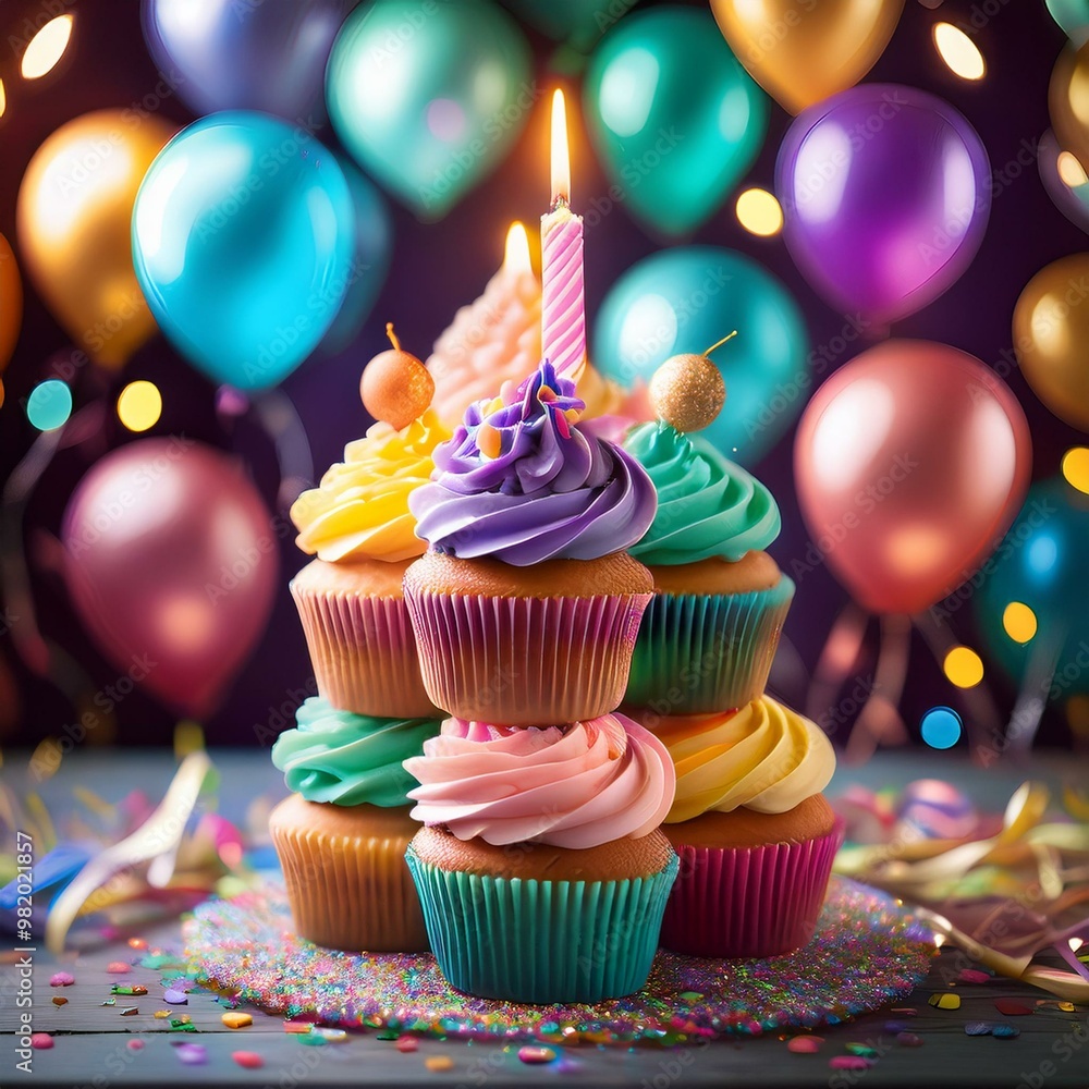 Torre de cupcakes decorados con glaseado colorido y una vela encendida en cada uno. Alrededor ...