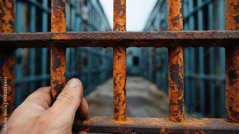 Old, rusted prison gate in a historical jail, dramatic lighting ...