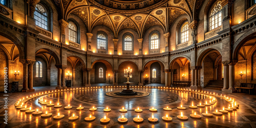 Majestic ancient hall with circular architecture and flickering candles ...