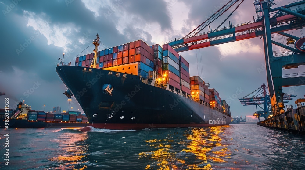 A massive cargo ship being loaded with colorful containers at dusk ...