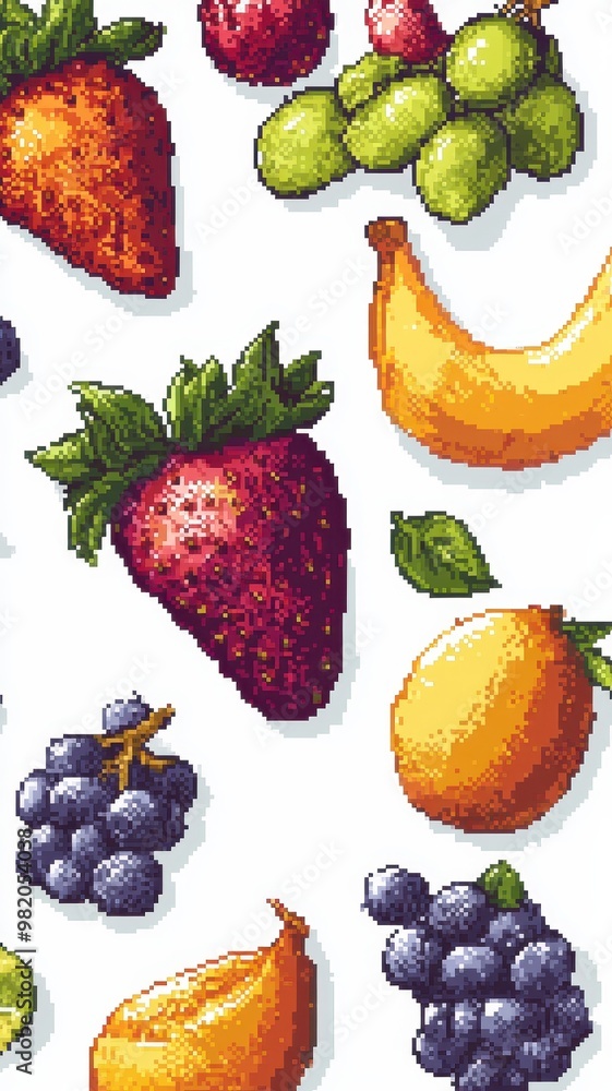 Pixel fruit icon set for games or mobile apps on color background ...