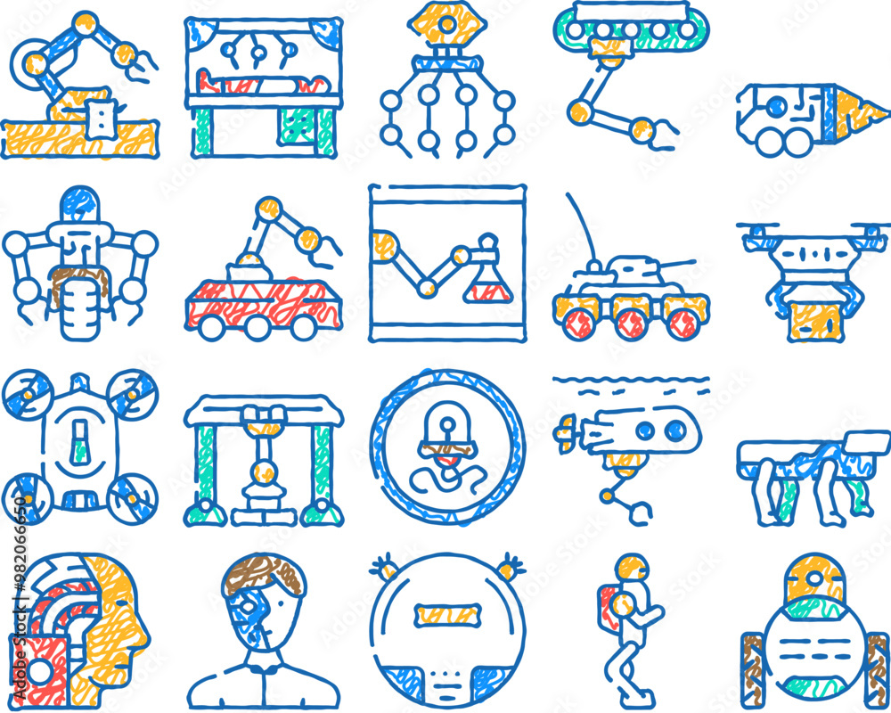 robot future electronic equipment doodle icons set vector. sketch line ...