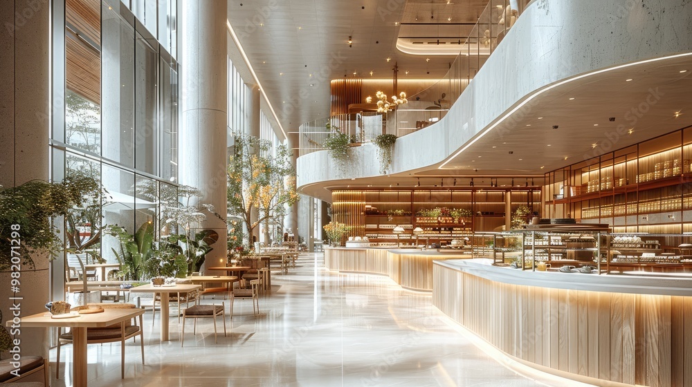 Interior of a food court in a shopping mall designed in a minimalist ...