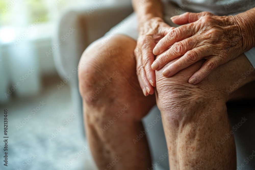 elderly person experiencing knee pain, holding swollen joint with hands ...