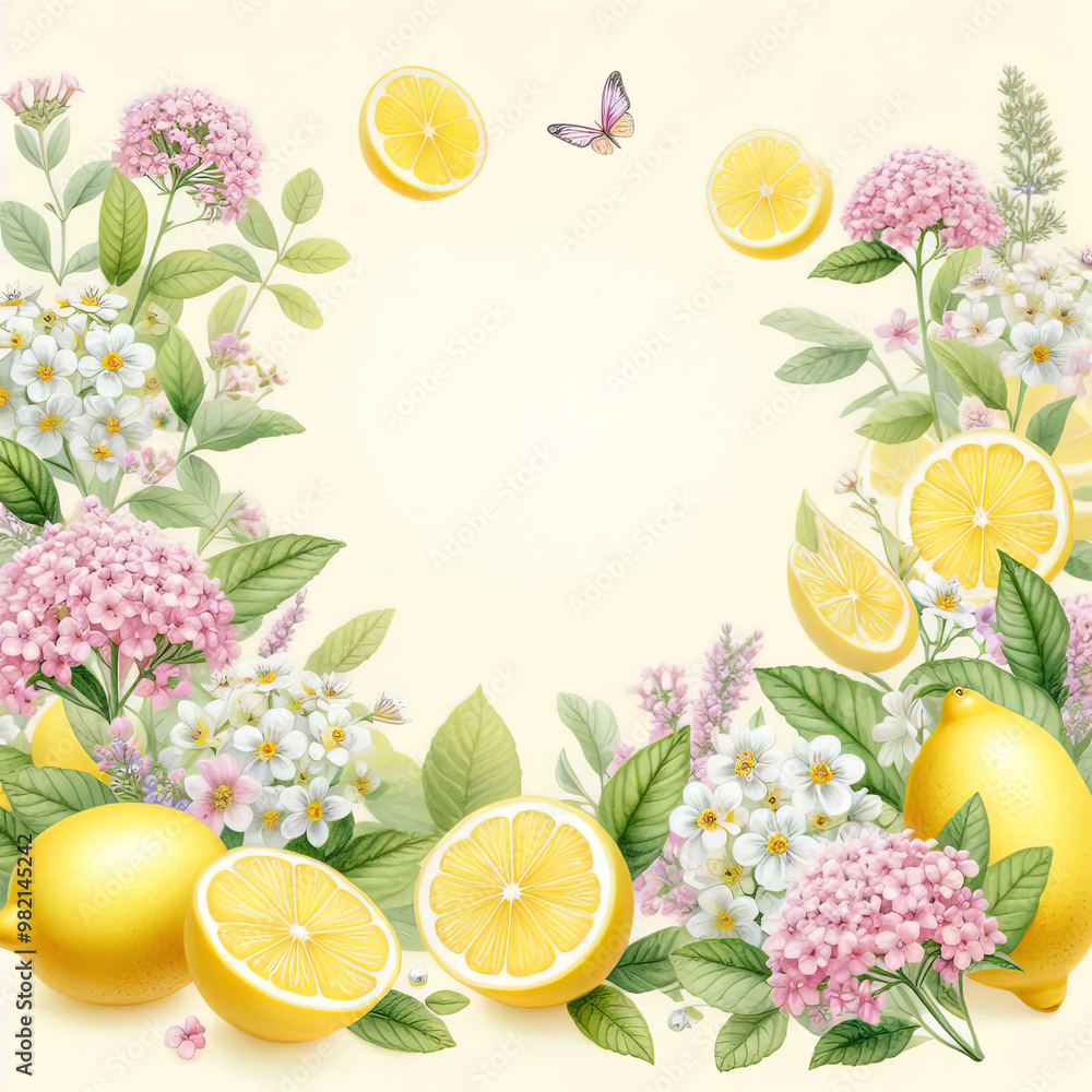 Several lemon verbena and lemons watercolor illustration on a light ...