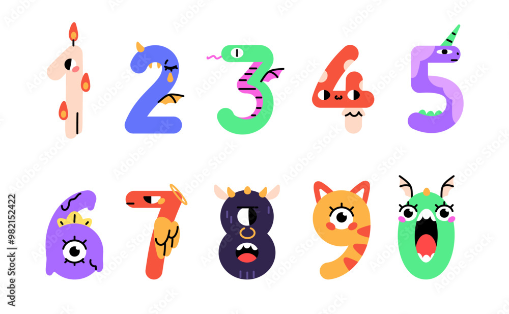 Cute monsters' numbers set. Funny figures, letters of dinosaur font ...