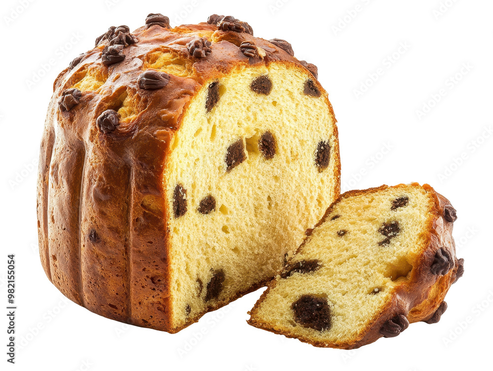 Traditional Italian panettone with raisins and chocolate, cut open, on ...