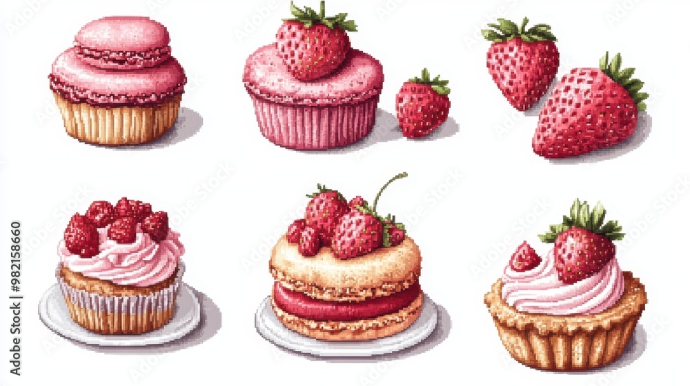 Vector illustration Cross stitch Sweet dessert set with strawberry cake ...