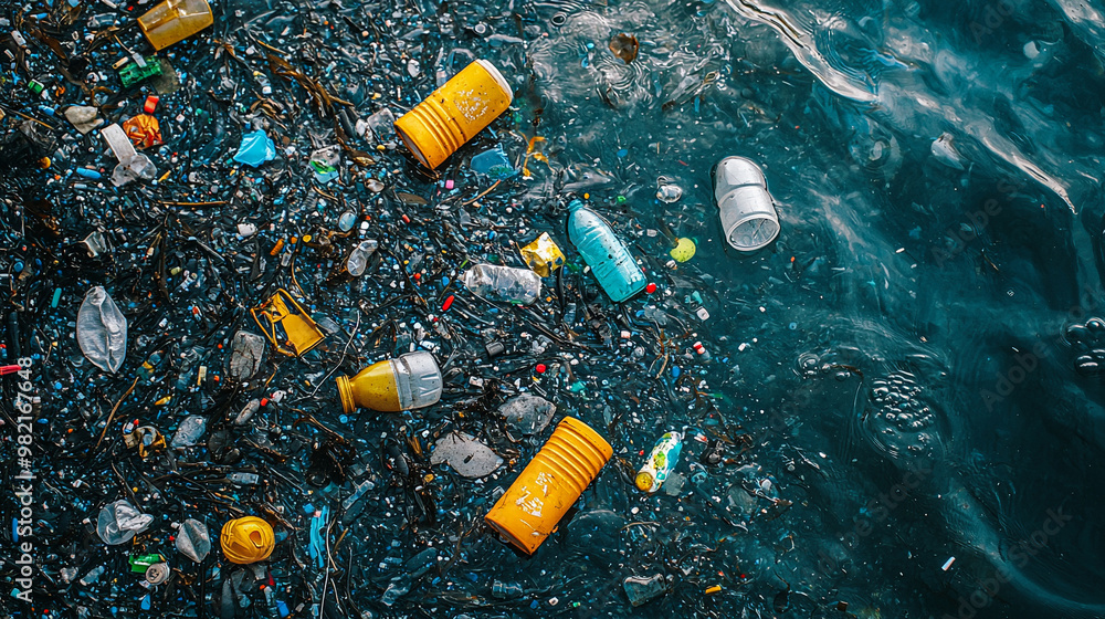 Plastic waste floating on the surface of water, highlighting pollution ...