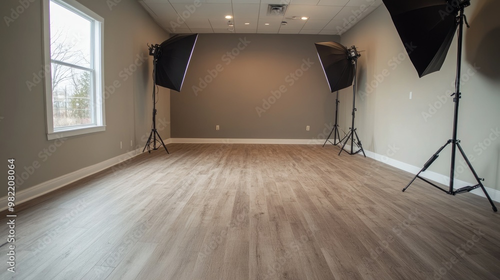 Professional photography studio space with large softbox lights and a ...