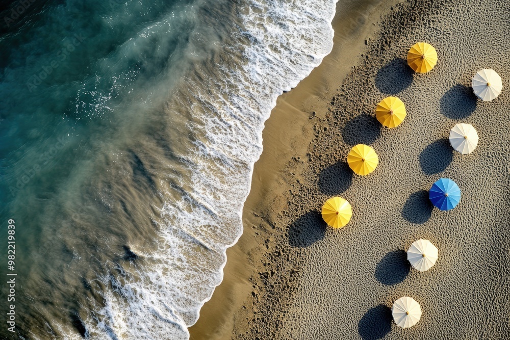 Beautiful aerial view of the beach with waves, the sea is blue and ...