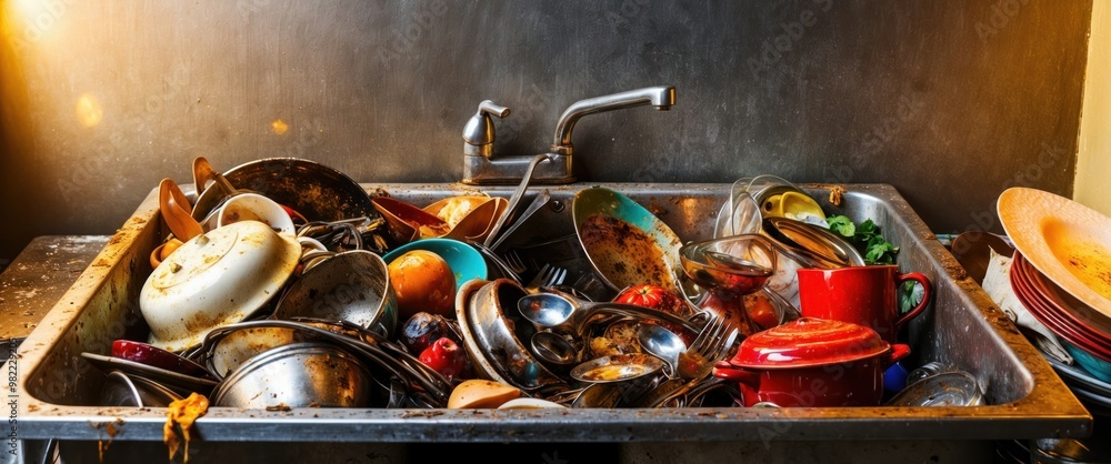 Overflowing kitchen sink filled with dirty dishes and utensils ...