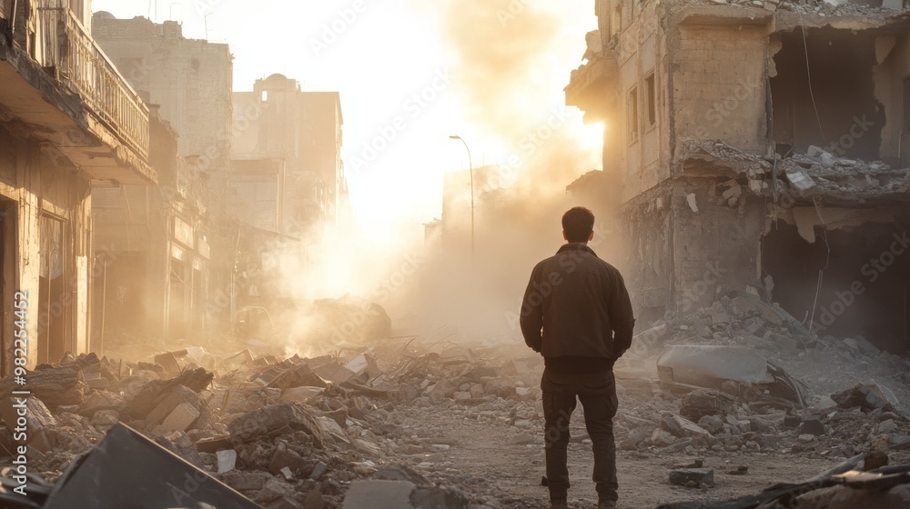 man standing in war-torn city amidst destruction and smoke from ...