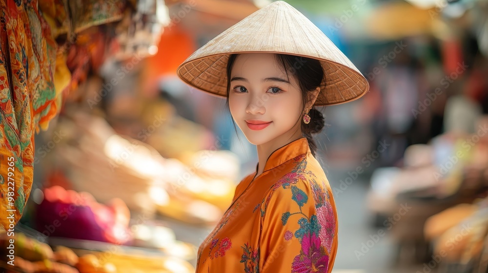 Elegant Vietnamese Teenager in Ao Dai and Conical Hat Standing at Traditional Market with Silk ...