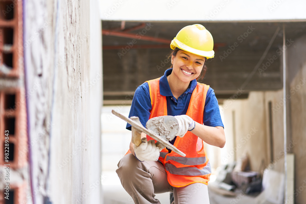 Foto de Stock Portrait of smiling young female bricklayer taking cement ...