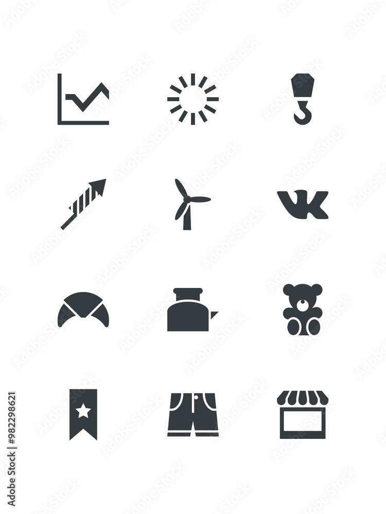 Joystick, Juice, Line chart, Loading, Map, Medal, set of icons for web ...