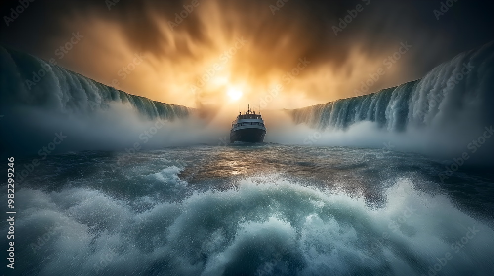 Ship navigating through massive waterfalls under dramatic sky ...