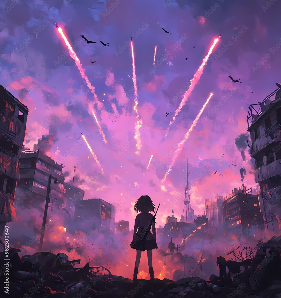 A girl stands on the battlefield, watching meteorites fall from above ...