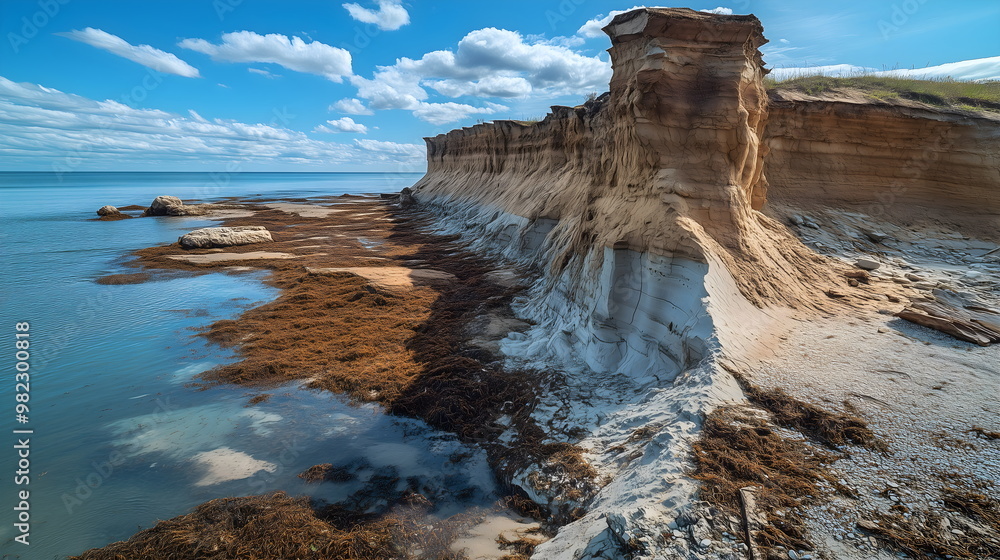 Eroded coastal cliffs with layered sedimentary rock formations. Sandy ...