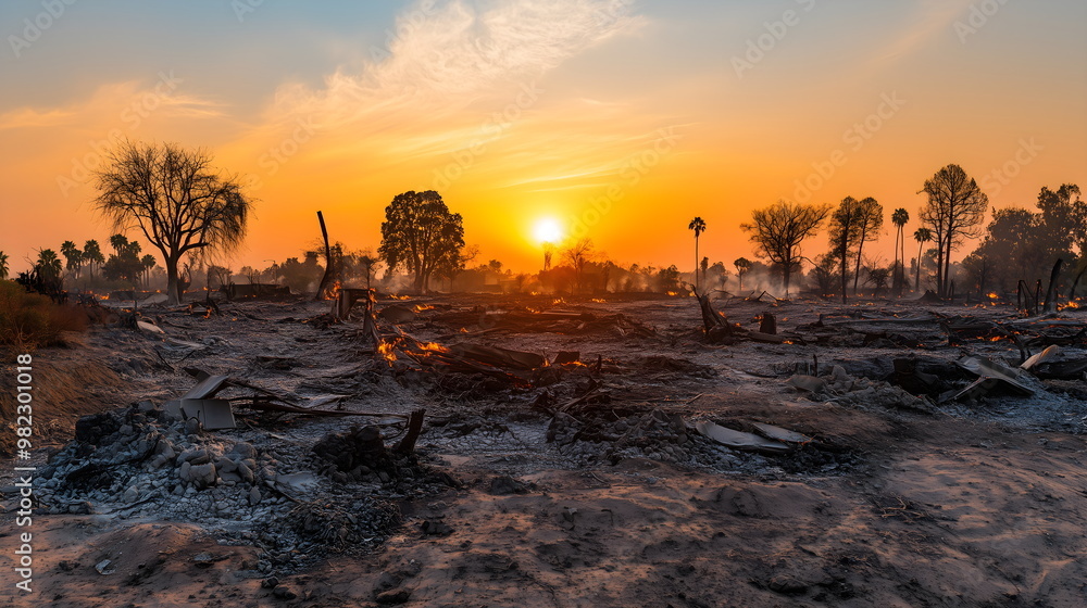 Aftermath of wildfire destruction at sunset. Landscape of burned trees ...