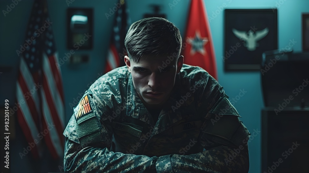 A militaristic interrogation chamber with national flags and insignias ...