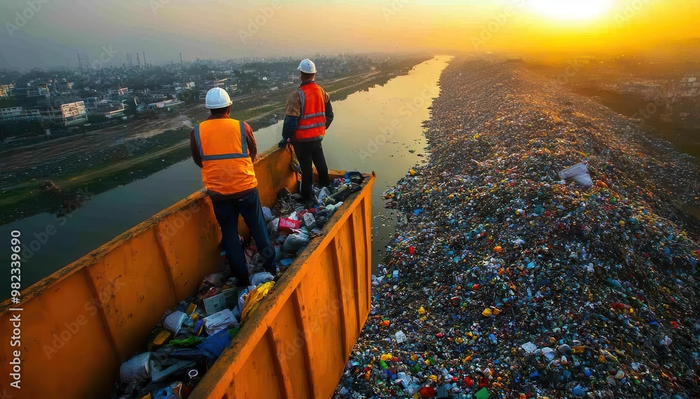 Overflowing landfill site with garbage spilling into rivers ...