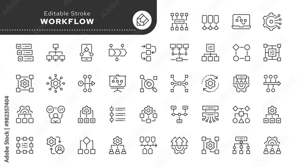 Workflow line icon set. Process, activity, organization, productivity, sequence, scheme, gear ...