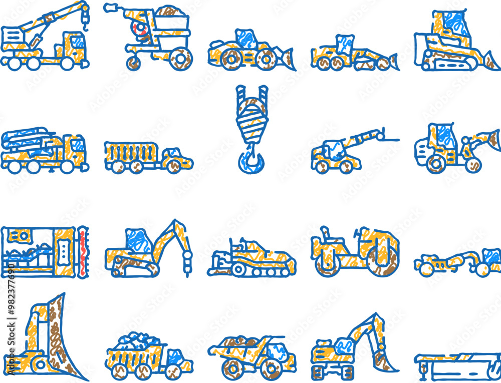 construction vehicle heavy doodle icons set vector. sketch line art ...