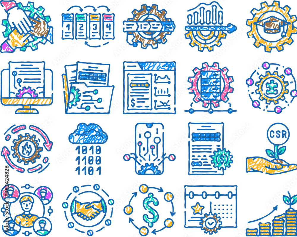 Vector de Stock business process technology chart doodle icons set ...
