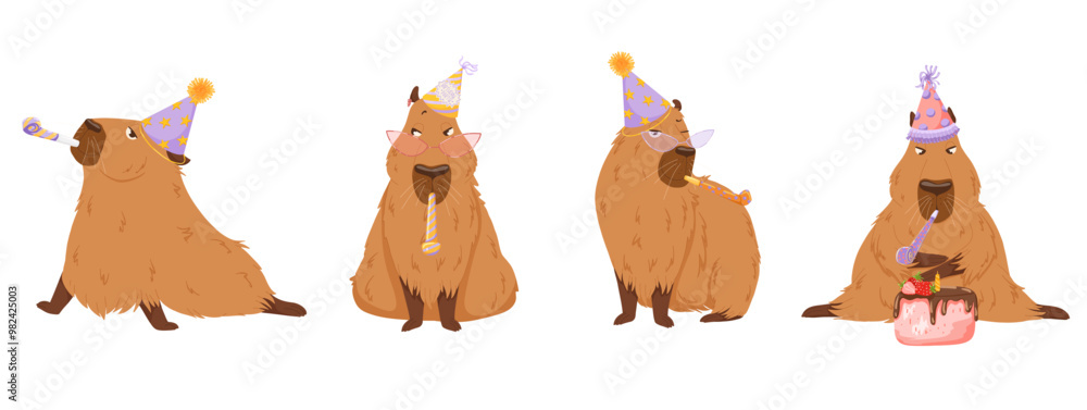 Happy birthday funny capybaras. Cartoon capybara character design for mascot, stickers, print ...