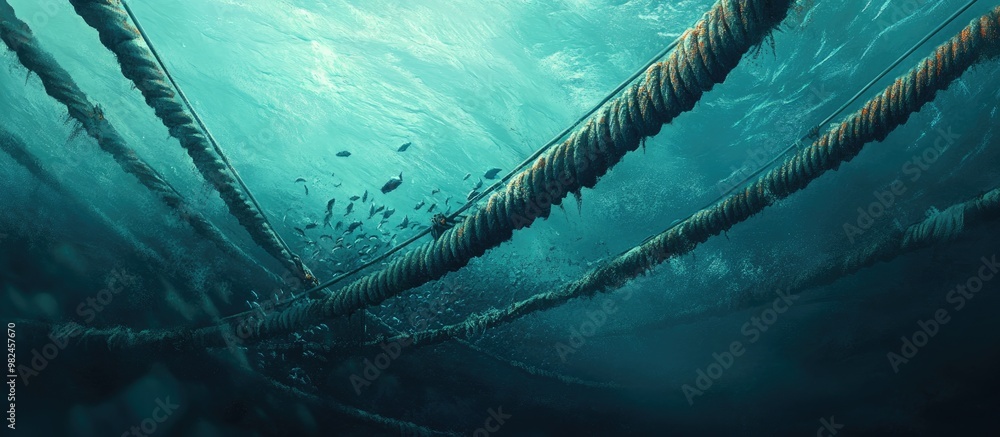 Underwater painting of a mussel farm where shellfish thrive on ...