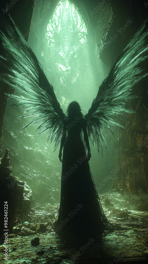 Angel with wings spread wide, standing of a dark fantasy dungeon. The ...