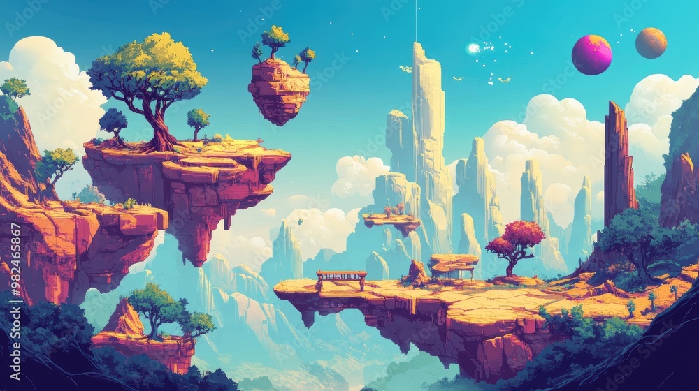 Colorful 2D arcade game level with floating islands, mountains, trees ...