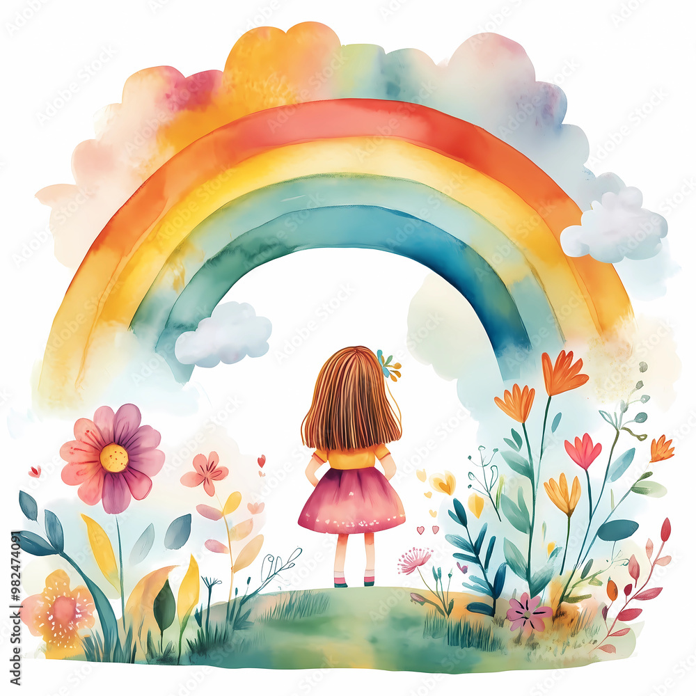Cute watercolor cartoon illustration, back view of a little girl ...