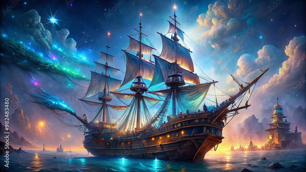 Majestic galleon with iridescent sails and glowing runes, adorned with ...