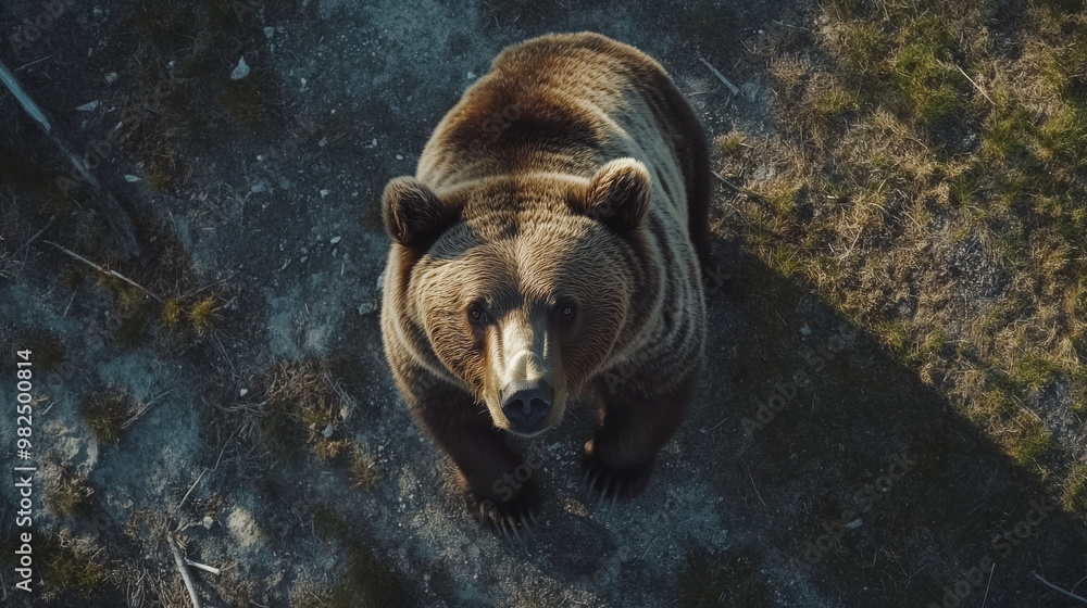 A brown bear roams freely in its natural habitat. A drone captures the ...