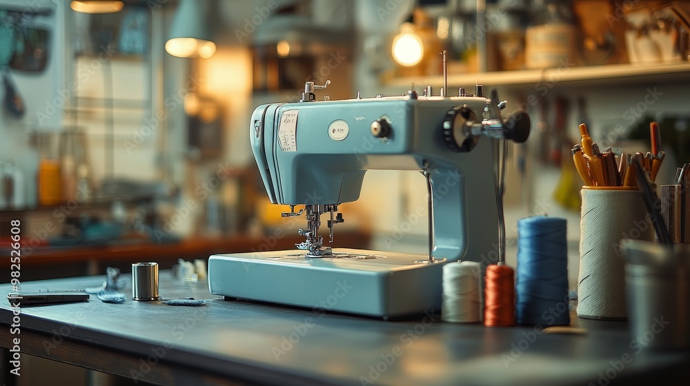 Modern sewing machines are placed side by side with other sewing tools ...