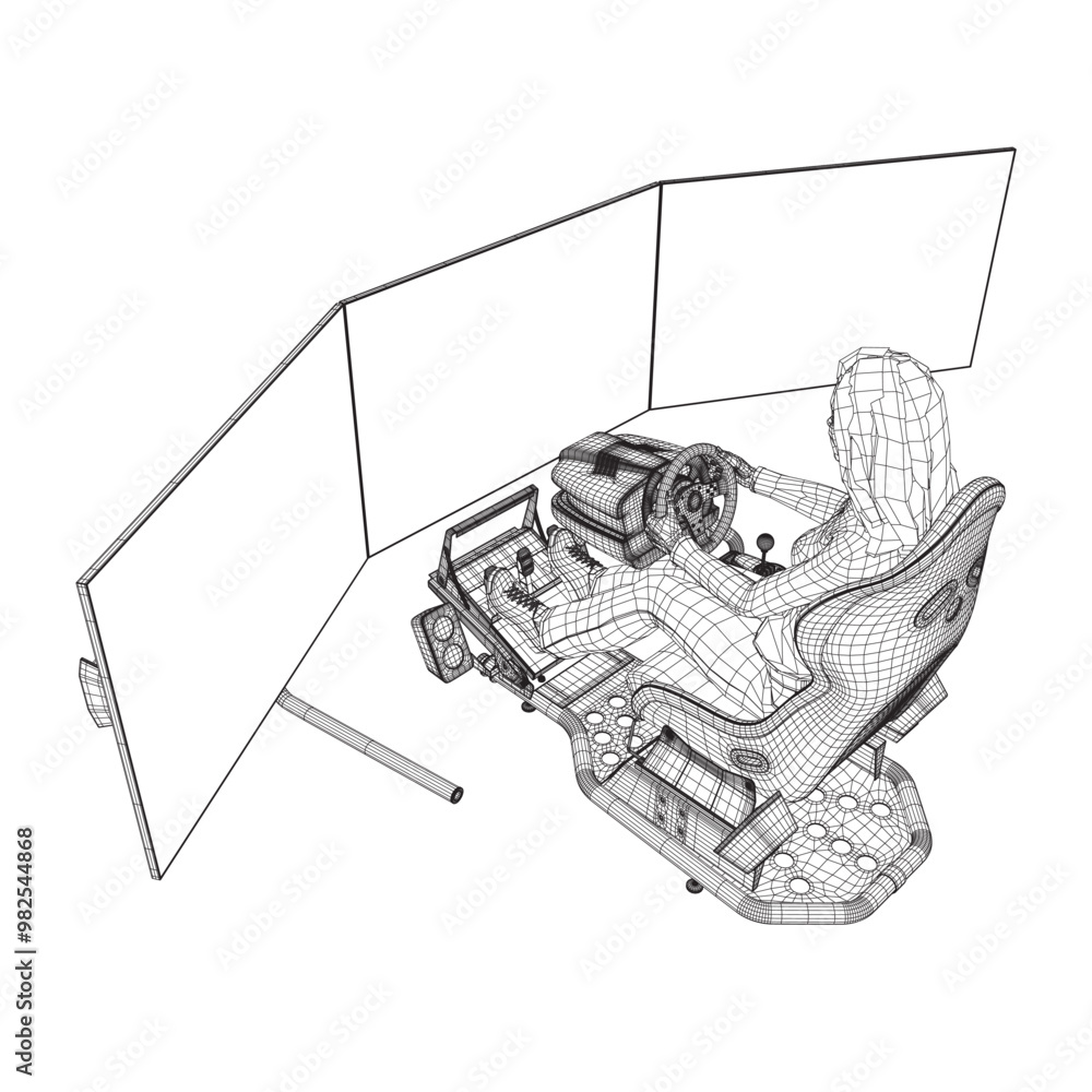 Wireframe of a girl sitting at a realistic gaming simulator with a ...